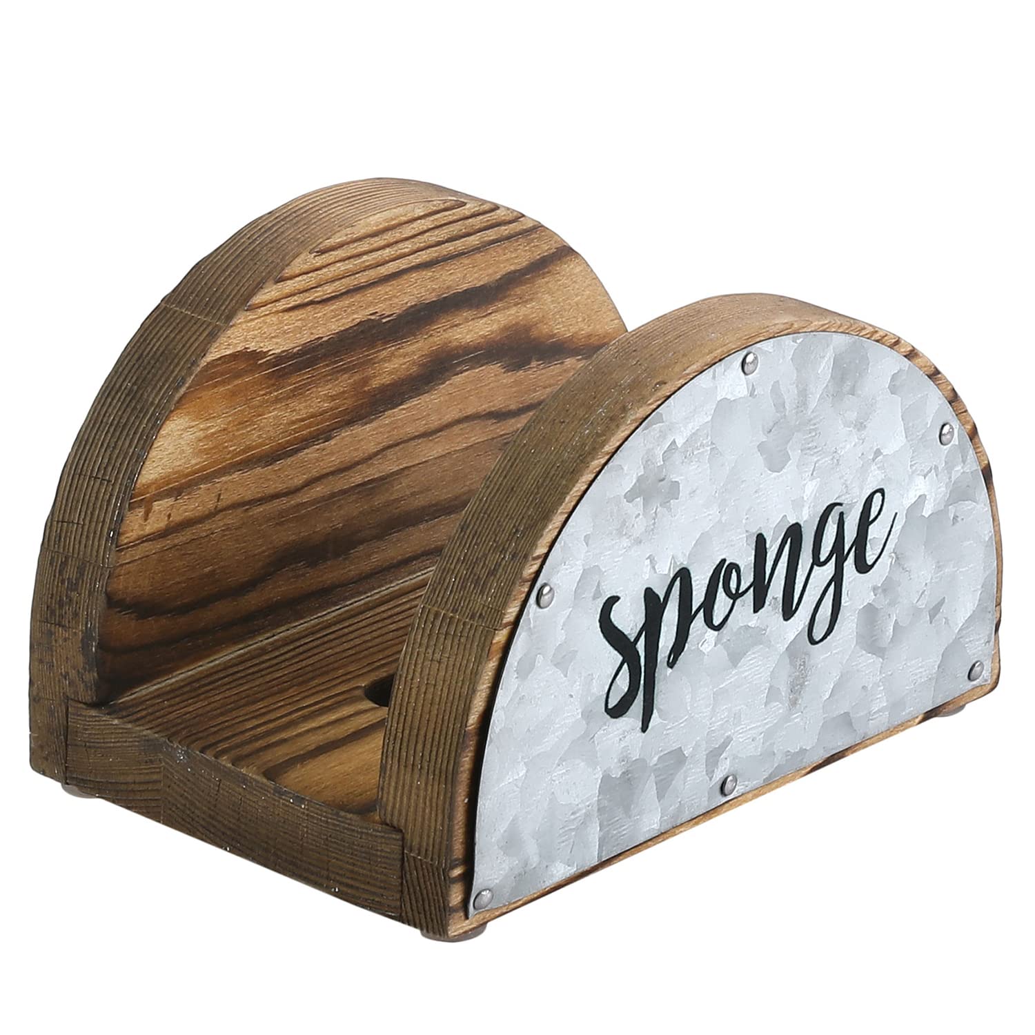 MyGift Burnt Wood Semicircle Kitchen Sink Sponge Holder with Galvanized Metal and Black Sponge Cursive Lettering