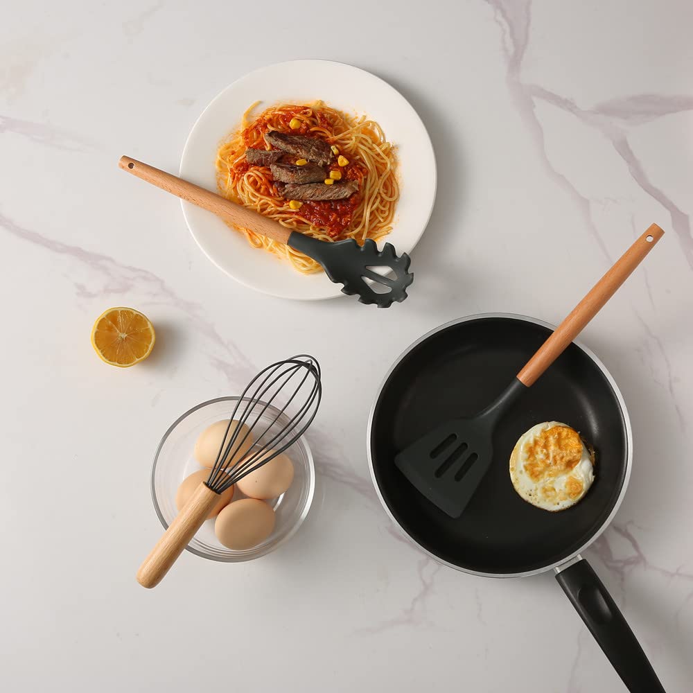 Kitchen Silicone Cooking Utensils Set with Wooden Handle. 446°F Heat Resistant, BPA free, Dishwasher Safe Non-Stick Silicone Kitchen Gadgets Cookware Set(12pcs Set) (White)