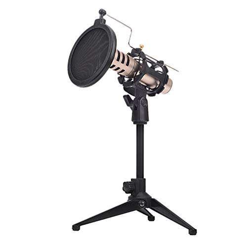 Microphone Tripod Stand Desktop, Shock Mount Desk Mic Holder with Pop Filter Net for Online Broadcasting Chatting Singing Meeting