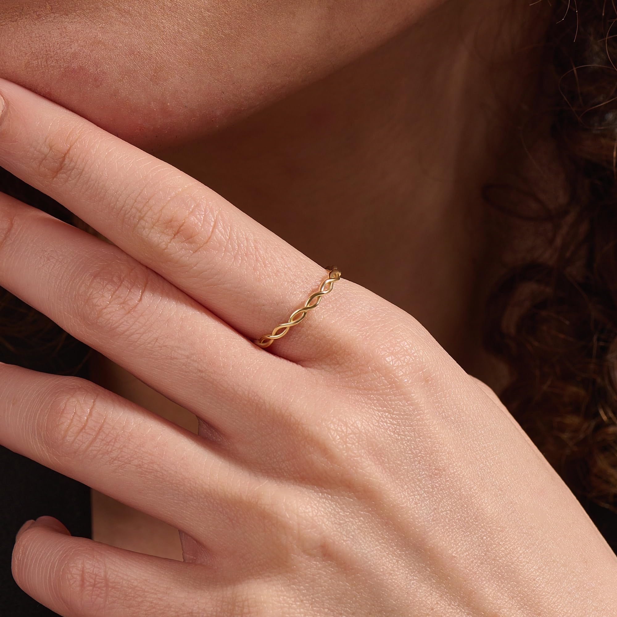 Norm Jewels Minimalist Twisted Braided Stack Ring | 1.8mm 14k Gold Thin Rope Ring | Dainty Stackable Thumb Knuckle Ring Yellow Rose White Gold (size 5-9) (Yellow Gold, 5)