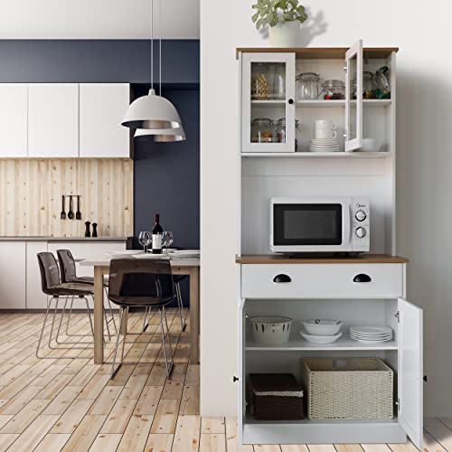 VEIKOUS 72" Kitchen Storage Cabinet, Freestanding Kitchen Buffet with Hutch w/Wide Countertop & Adjustable Shelves, Pantry Cabinets with Glass Doors, White