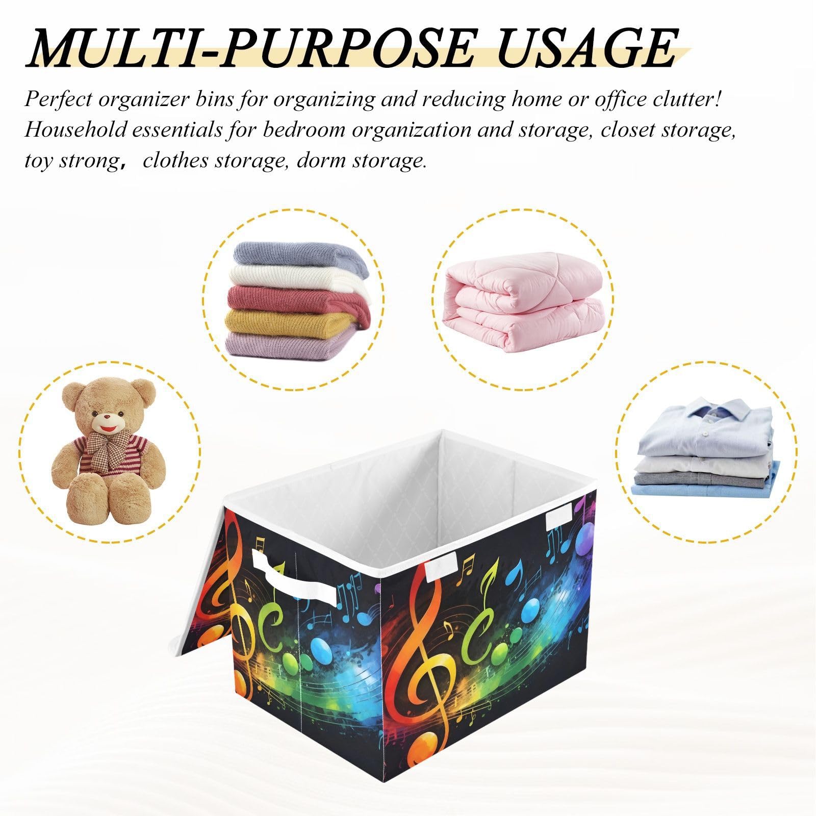 YMGQYJ Storage Cube with Lid Collapsible Rainbow Music Note Print, Large Capacity Foldable Storage Basket Bin Organizer 16.5×12.6×11.8 inches