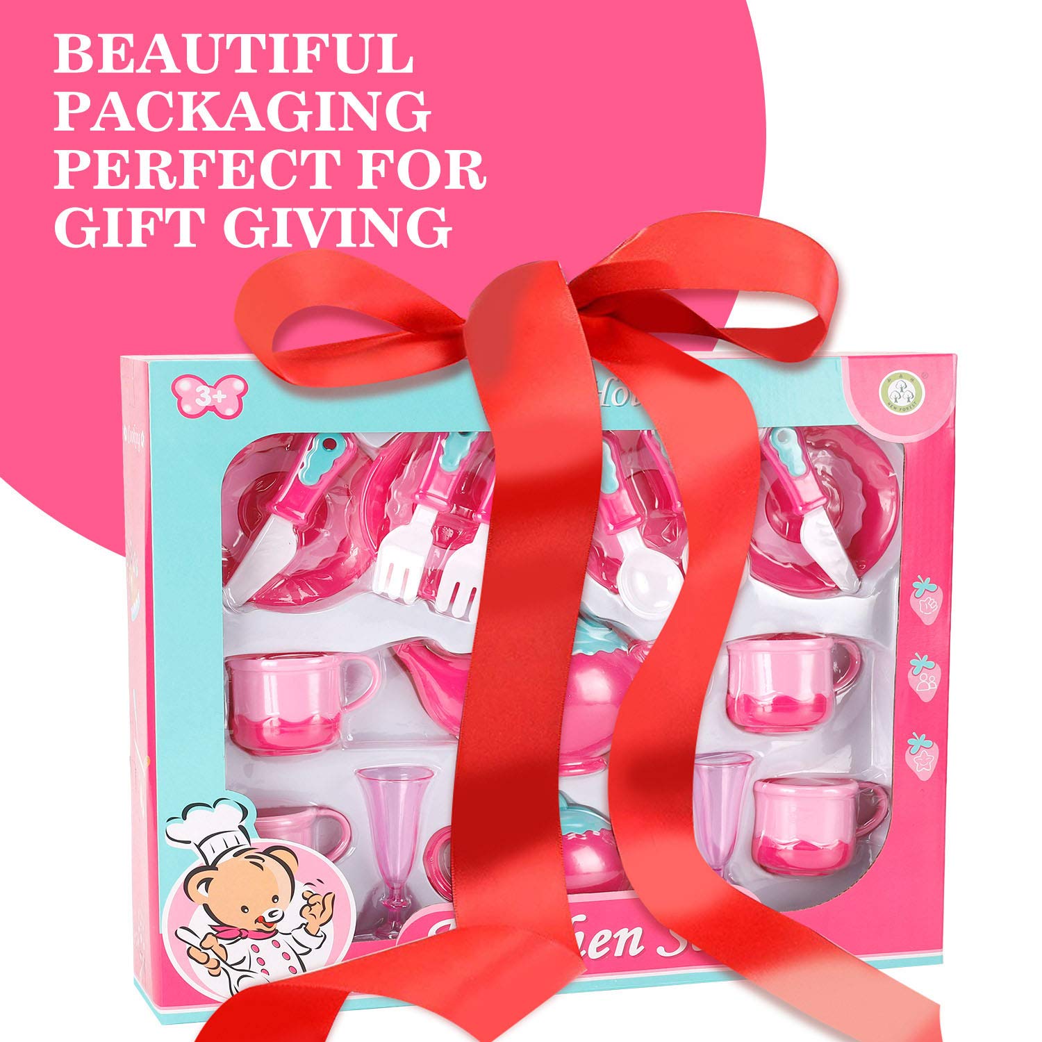 Liberty Imports Deluxe Pink Tea Set for Kids Pretend Play with Tea Pots, Cups, Dishes and Kitchen Utensils (18 pcs)