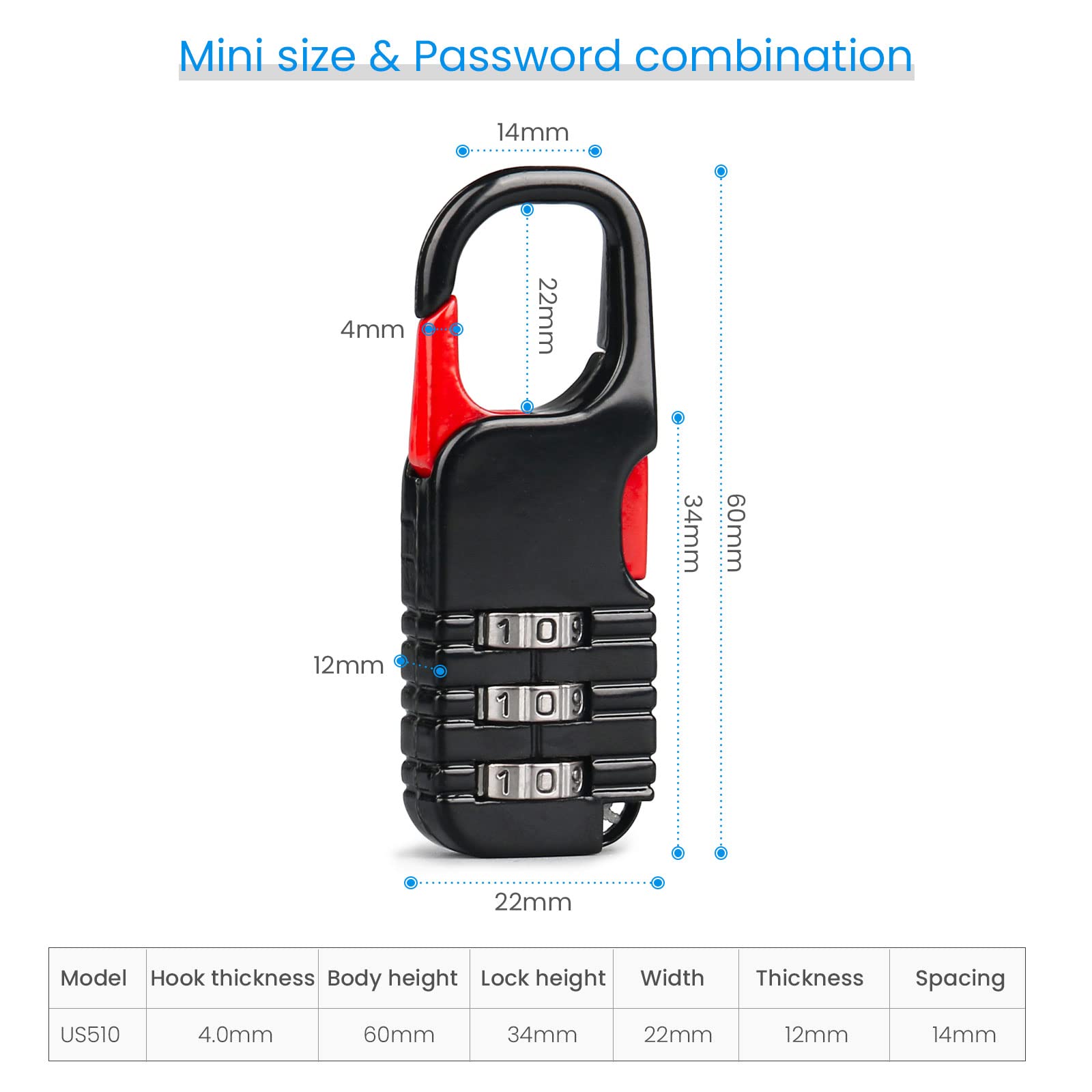 Mini Padlock, BARRYSAIL 3 Pcs Small Locks Set with 3 Digits Combination for Kids Diary Backpack Zipper (Black+Blue+Pink)