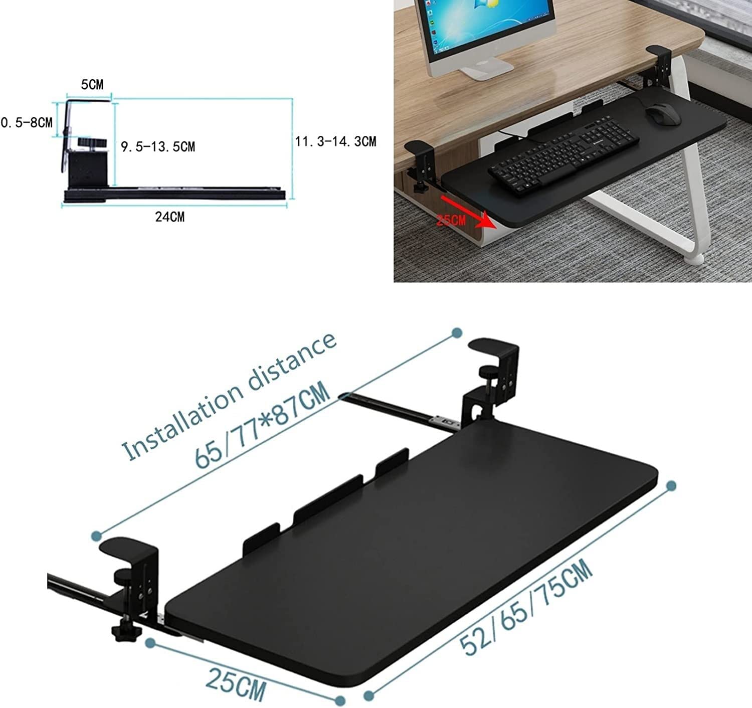 Keyboard Tray Stores Under Desk Sliding Keyboard Shelf Under Desk - Black Wooden Keyboard Tray for Home Office - Clamp-on - Sturdy and Easy to Install, Pull-Out Drawers Platforms