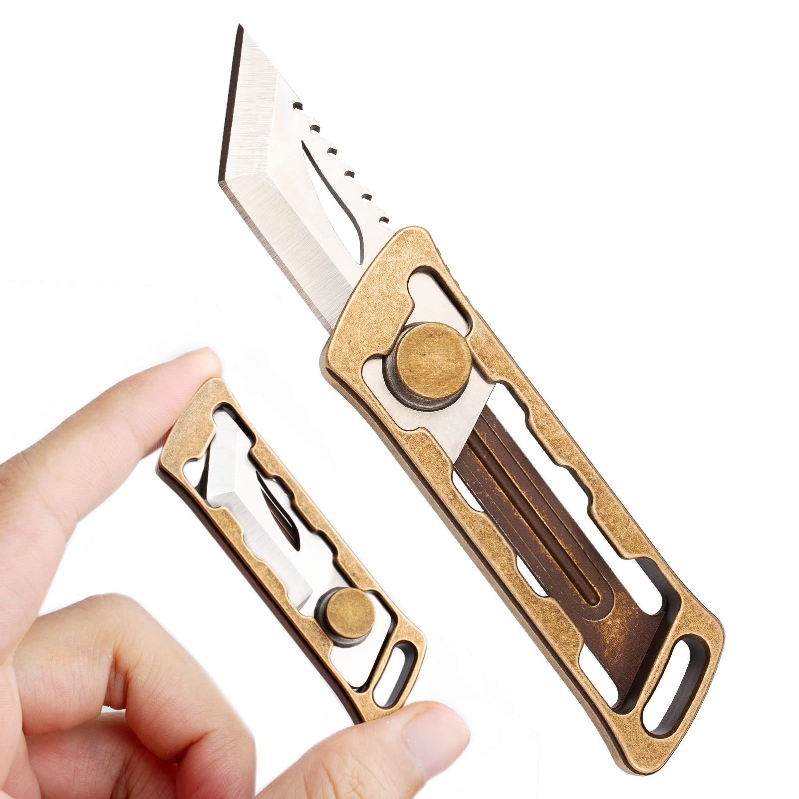 TENCHILON TK26 Mini Retractable Utility Box Cutter Keychain Knife, 1.2 inches D2 Tanto Blades, 2.6 inches Tumbled Skeletonized Brass Handles, Small Pocket EDC Cutting Tool Knives