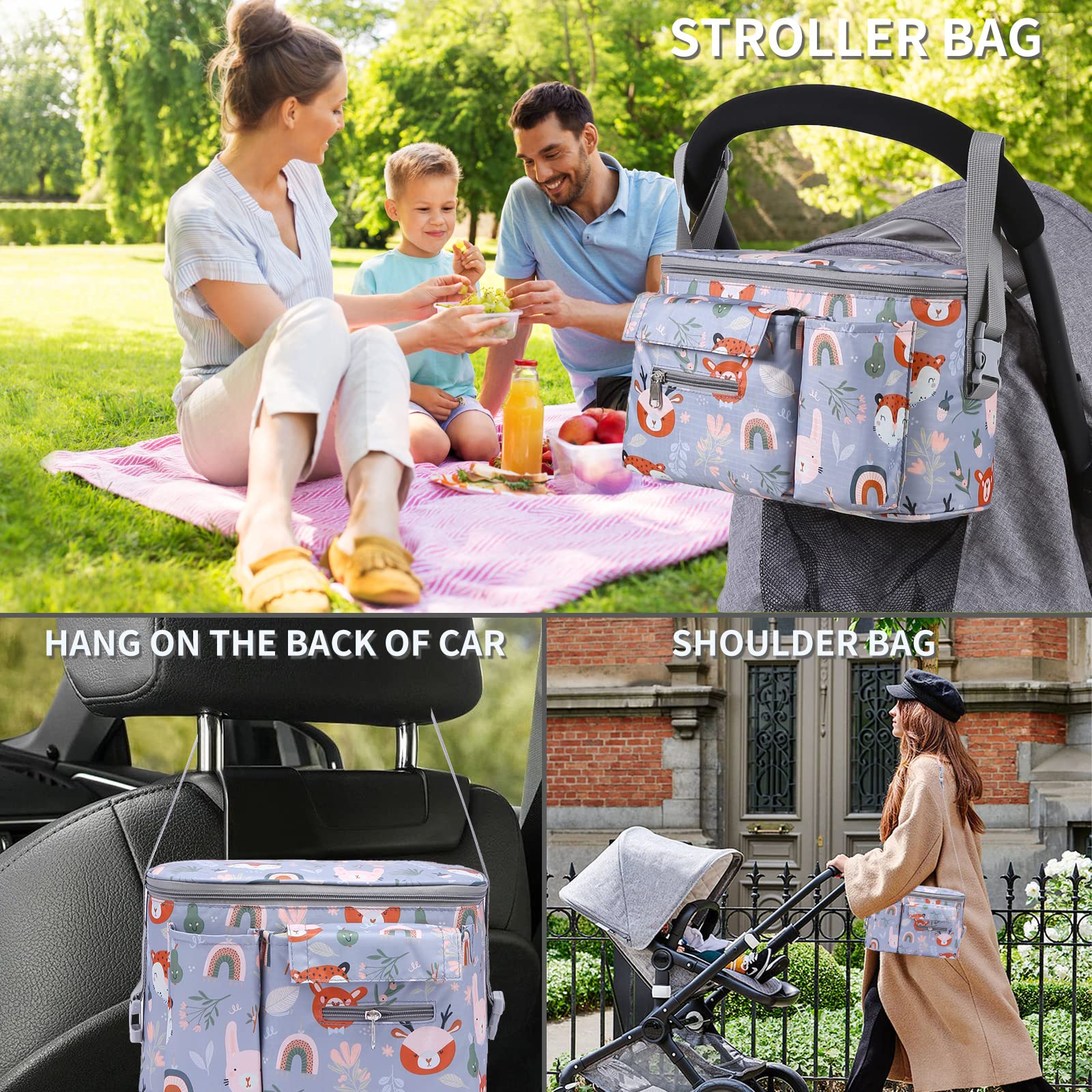 TRENDPLAY Diaper Bag Stroller Bag Diaper Organizer Caddy for Diapers, Can Be As Shoulder Bag, Adjustable Stroller Straps,Universal Fit Most Strollers, Animal