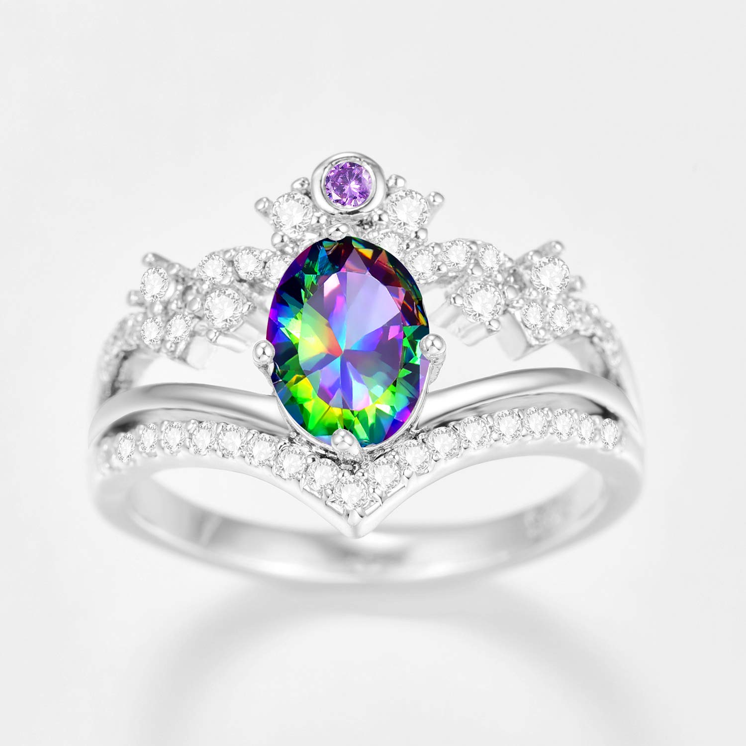 Narica Silver Plated Oval Cut Created Rainbow Topaz CZ Cubic Zirconia Filled Eternity Halo Cocktail Party Wedding Engagement Statement Band Elegant Women's Crown Ring for Mom Bridal Lover Gift 6#