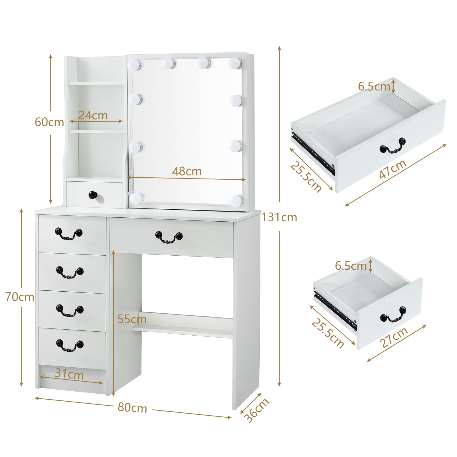 JBLCC Vanity Desk with Mirror & Light, Makeup Vanity with Sliding Mirror, Drawers, 3 Lighting Colors, Bedroom Dressing Table Vanity Set for Girl, White (OW05)