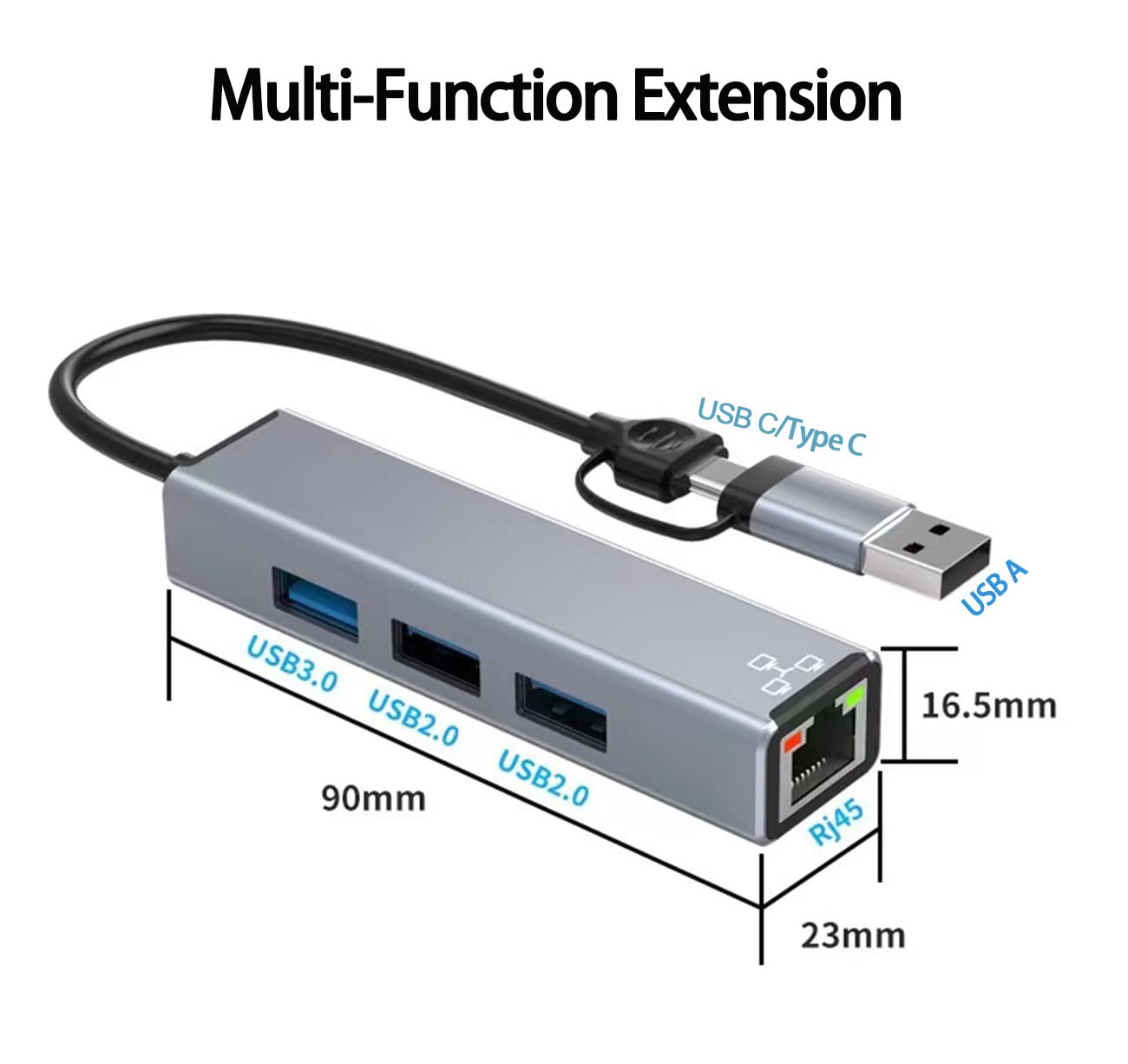 USB C to Hub with Ethernet Adapter, for All PC Laptop or Mobile Phone That USB-C USB-A Interface, Like Mac Book Pro, i Pad XPS, Chromebook, Surface Pro and More, Gray
