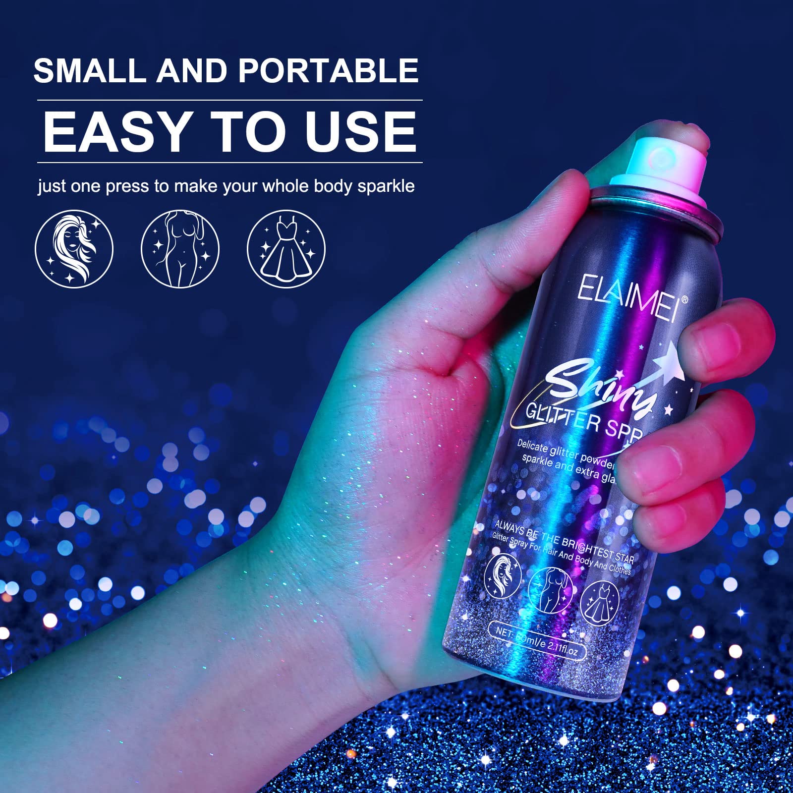 Shiny Glitter Spray, Body and Hair Glitter Spray, Quick-Drying Waterproof Body Shimmery Spray (2.11 oz)