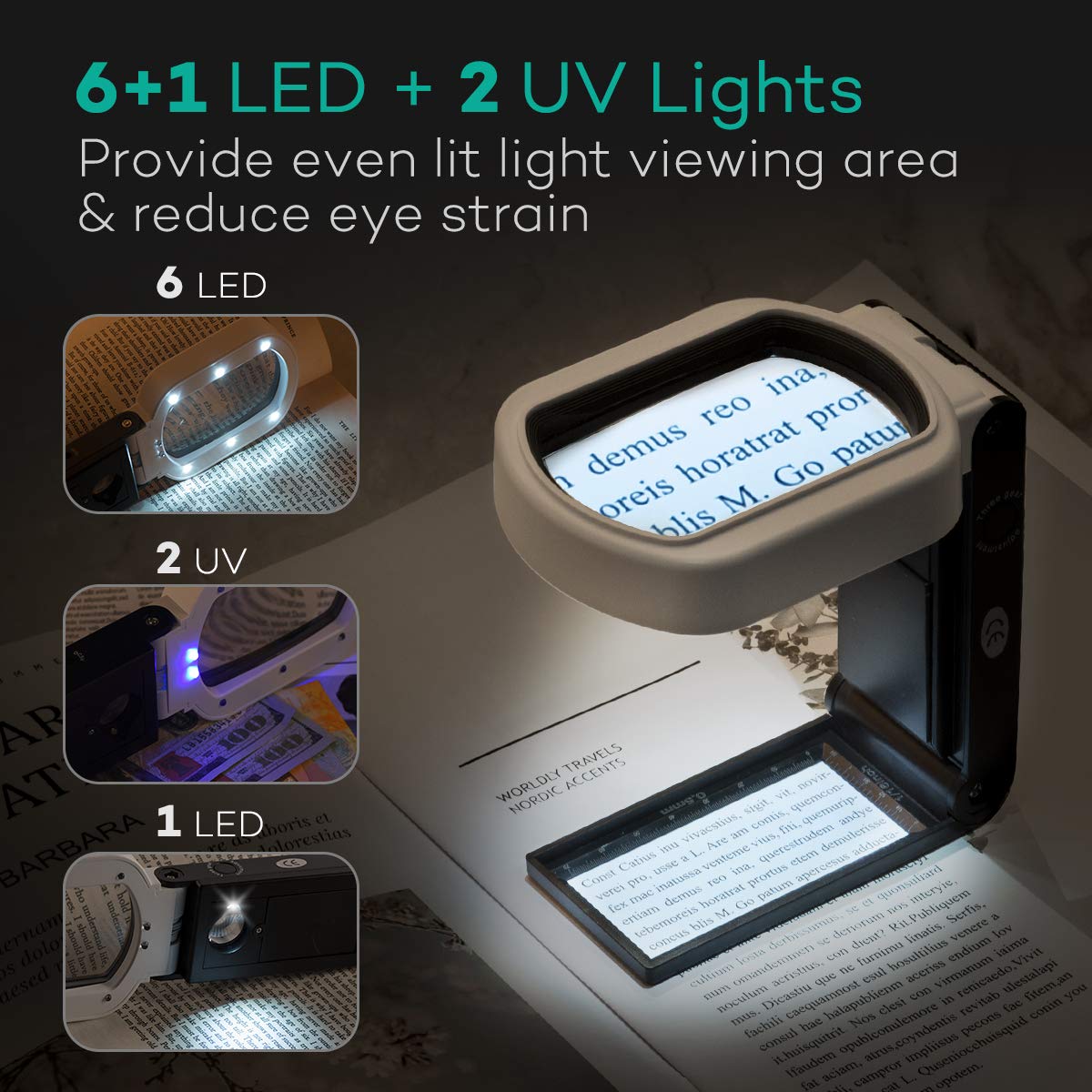 Magnifying Glass with Light, 15X 4X Handheld and Standing Magnifying Glass 9 LED Illuminated Lighted Magnifier for Reading, Inspection, Jewelry, Exploring, Hobbies & Crafts