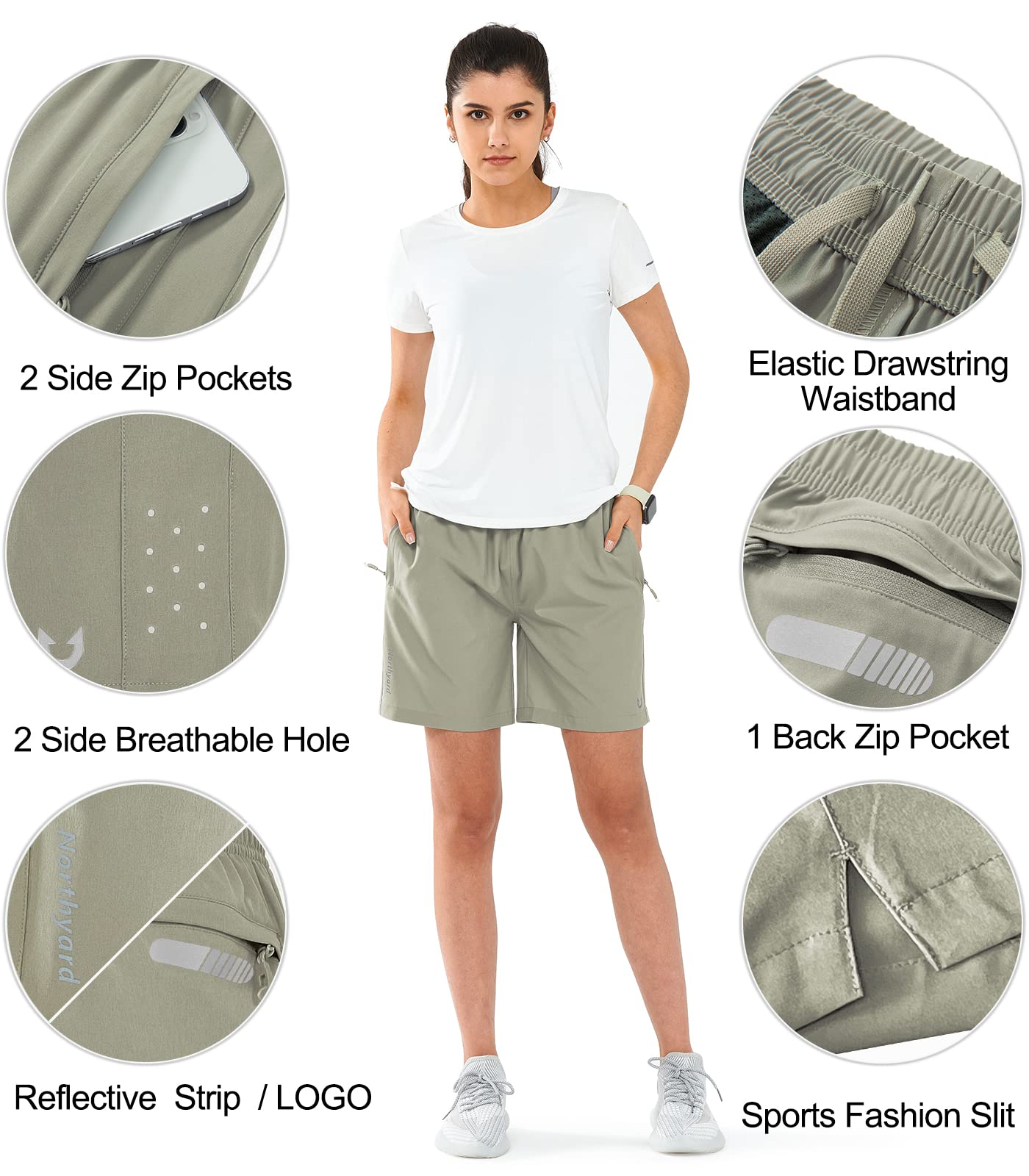 NORTHYARD Women's Athletic Hiking Shorts Quick Dry Active Running Lightweight Shorts for Gym Workout with 3 Zipper Pockets Greyblue L