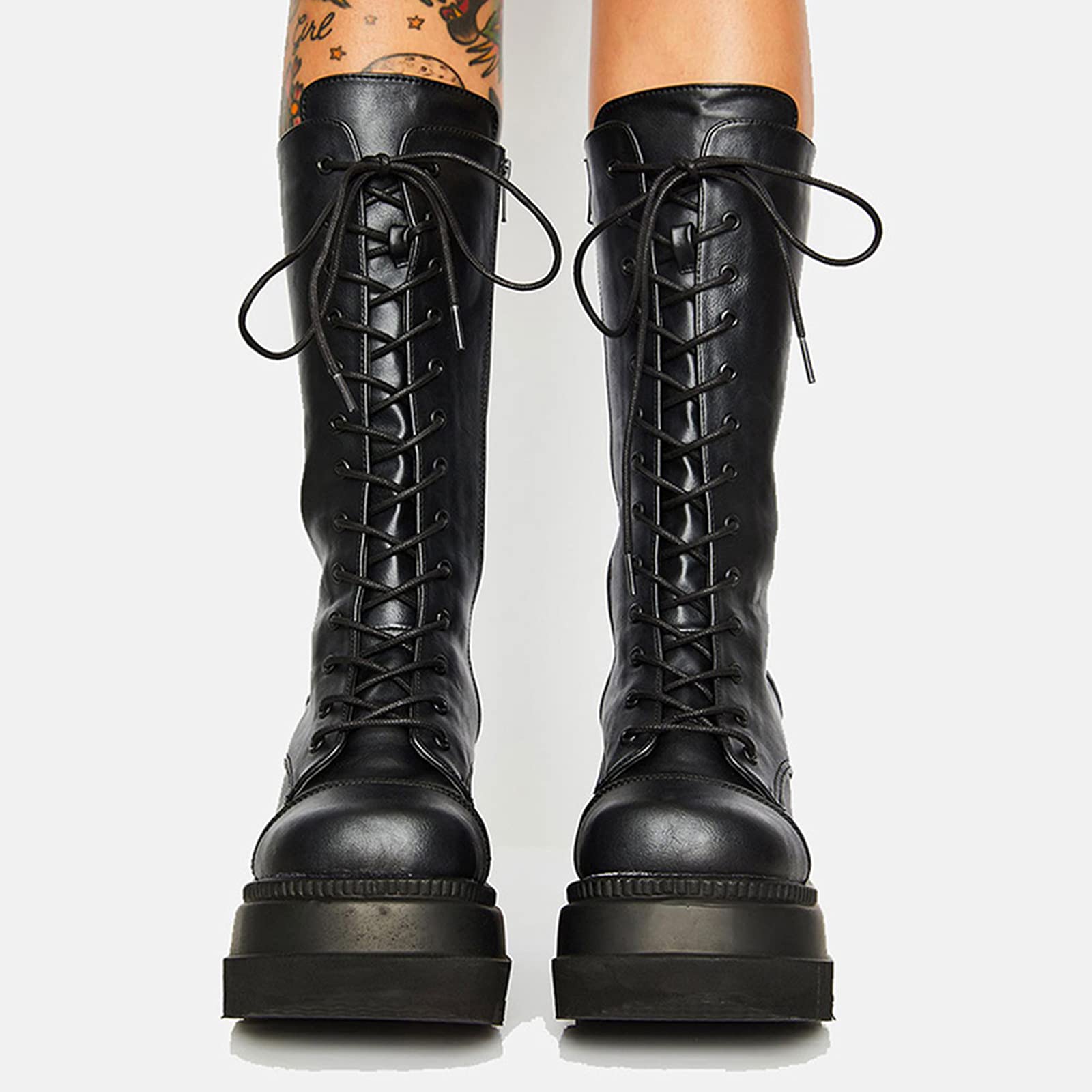 NOLDARES Platform Boots for Womens Goth Wedge High Heel Sexy Side Zipper Printed Motorcycle Combat Studded Knee High Boots, Z1 Black, 8