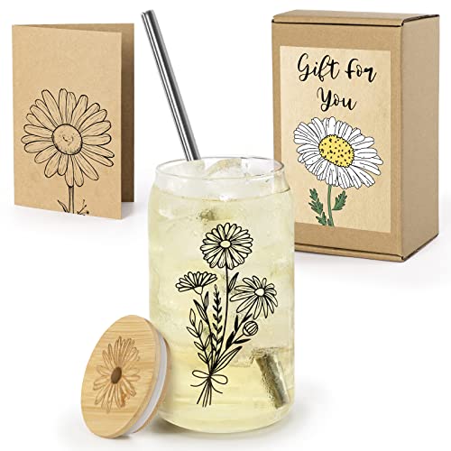 Nefelibata Daisy Iced Coffee Cup Birth Flower Beer Glass Can 16OZ Drinking Cup with Bamboo Lid Metal Straw Cleaning Brush April Birth Flower Spring Floral Decor Birthday Gifts for Mom Mother's Day