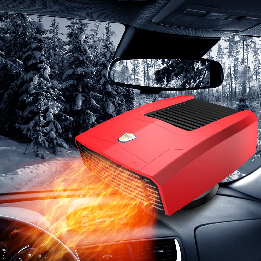KUTUKU Car Defogger Defroster 2-in-1 Portable Car Fan with Air Purification 12V 150W Fast Heating Quickly Auto Heater Cooling Fan Automobile Windscreen Fan in Cigarette Lighter (Red)