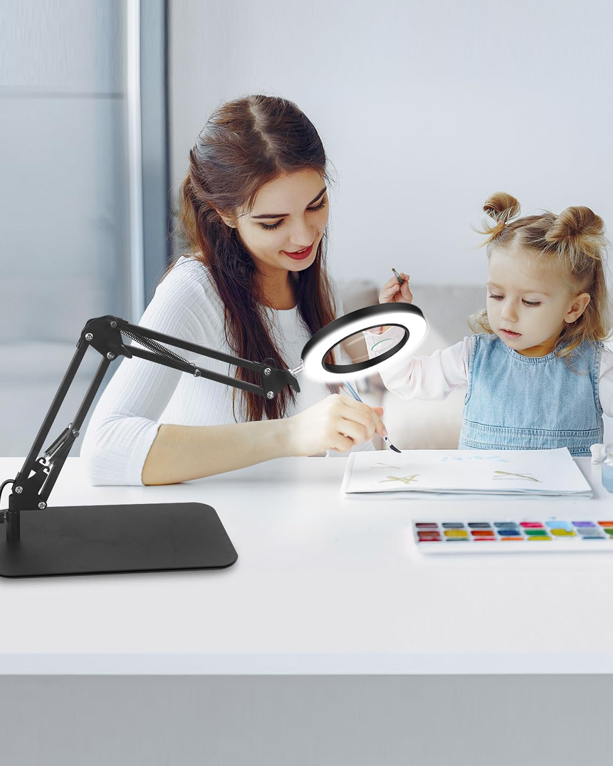 Magnifying Glass with Light and Stand, 5X Magnifying Lamps - 3 Light Colors Illuminated 10 Brightness Dimmer, USB Powered Magnifier Lighted Lens Adjustable Arm and Tabletop Clamp for Close Work Craft