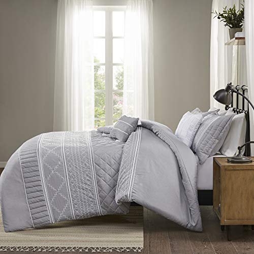 Madison Park Comforter Set, Embroidered Textured Heatherd Print All Season Down Alternative Cozy Bedding with Matching Shams, Decorative Pillow, King (104 in x 92 in), Kailee, Embroidery Grey 5 Piece