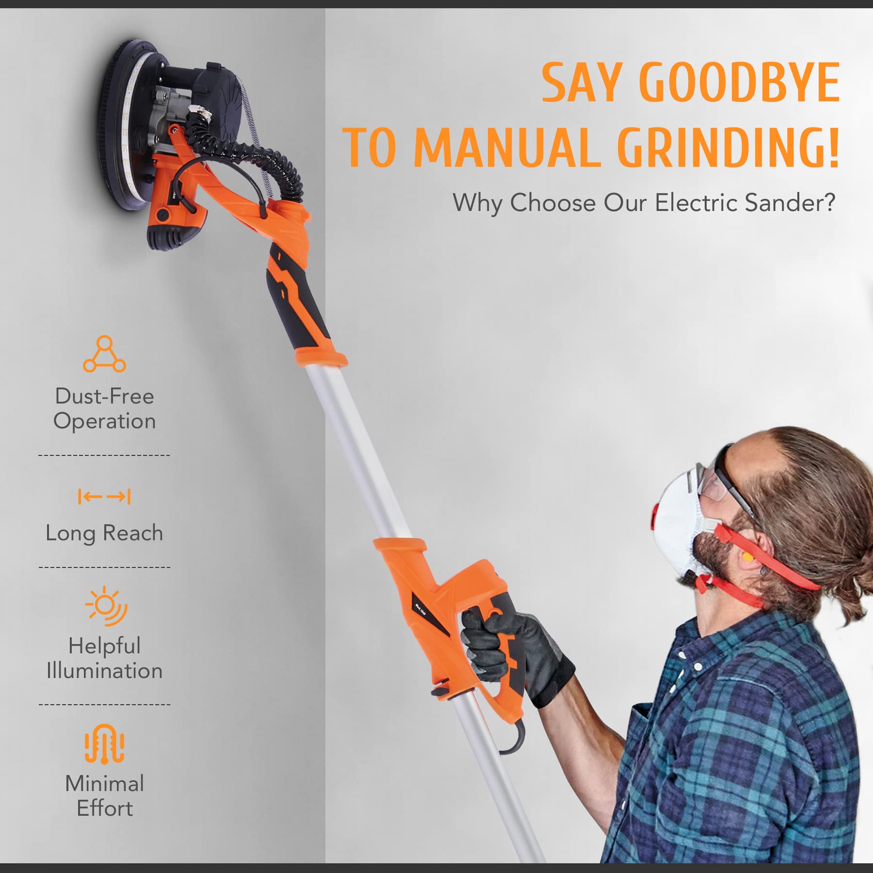 ZELCAN 850W Electric Power Drywall Sander with Vacuum Dust Collector, Swivel Head Extendable Variable 5-Speed LED High Visibility Wall Grinding Machine and 12 Sanding Discs