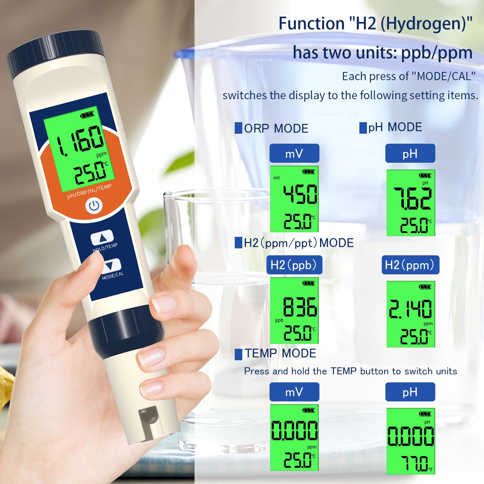 Yewhick Hydrogen Water Tester, 4 in 1 pH H2 ORP Temp Test Kit, H2 Water PPB/PPM Meter, Accurate pH Hydrogen ORP Meter for Drinking Water, Dissolved Hydrogen Tester for Hydrogen Water Bottle