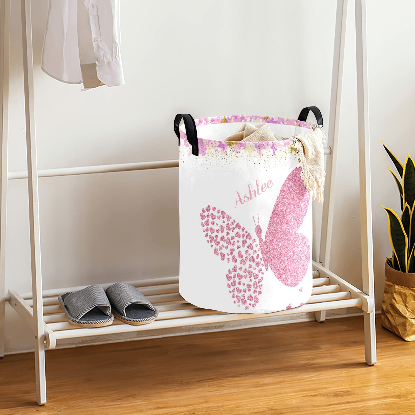 Personalized Laundry Basket, Pink Confetti Butterfly Custom Storage Bins Laundry Hamper with Name Collapsible Toys Organizer