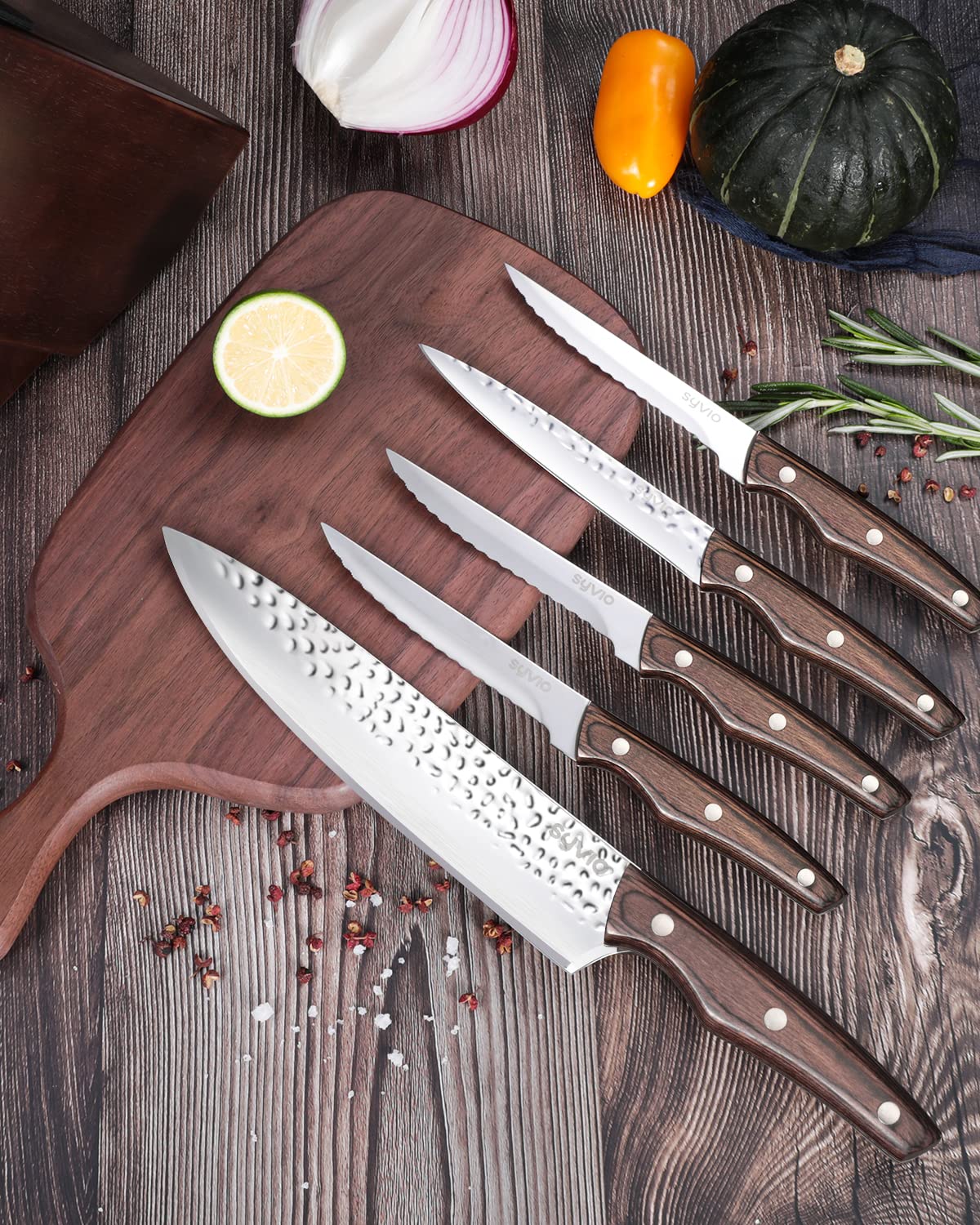 syvio Kitchen Knife Sets with Block and Wood Handle, 14 Piece with Built-in Sharpener, Kitchen Knives for Chopping, Slicing, Dicing&Cutting