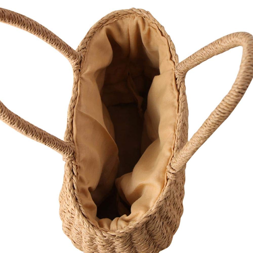 Natural Straw Bag for Women,Hand-woven Straw Hobo Bag Round Handle Retro Summer Beach Bag (Beige)