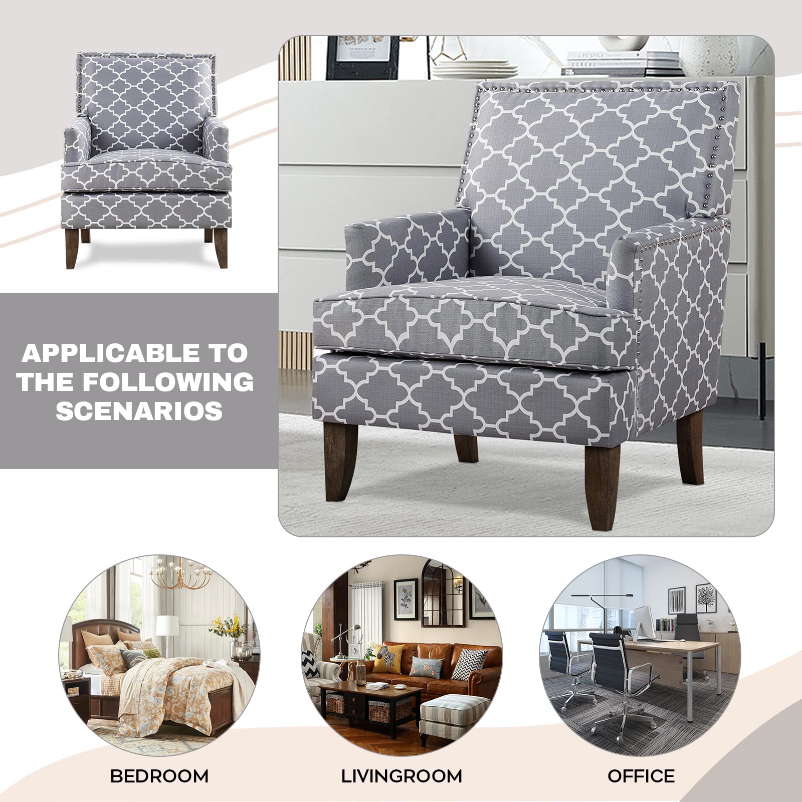 KUVENQIW Modern Accent Chairs,Nailhead Trim Club Chair,Linen Fabric Sofa Chair,Upholstered Button Tufted Armchair,Reading Chair (Grey Pattern)