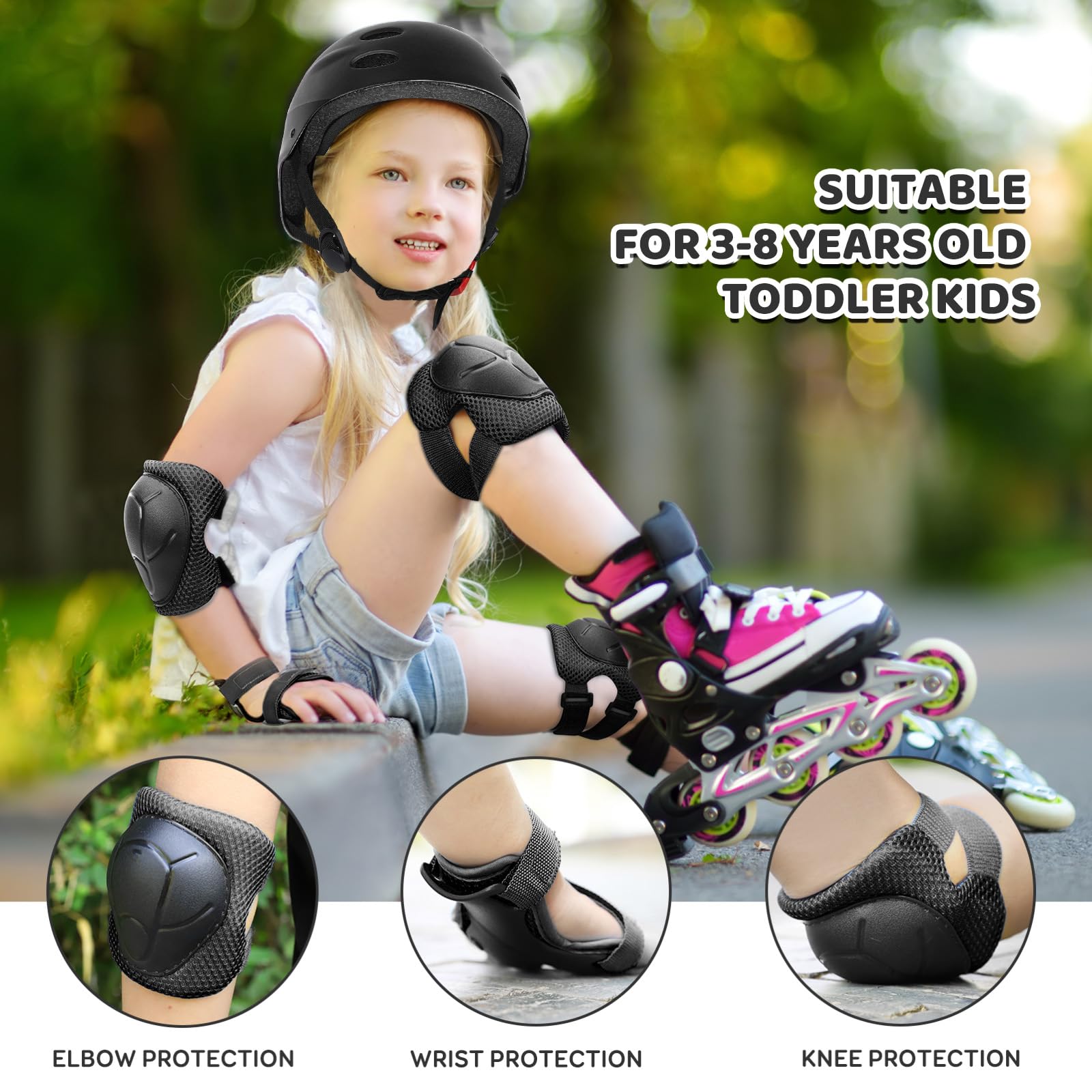 Kid's Protective Gear Set,Roller Skating Skateboard BMX Scooter Cycling Protective Gear Pads (Knee Pads+Elbow Pads+Wrist Pads),(Black)