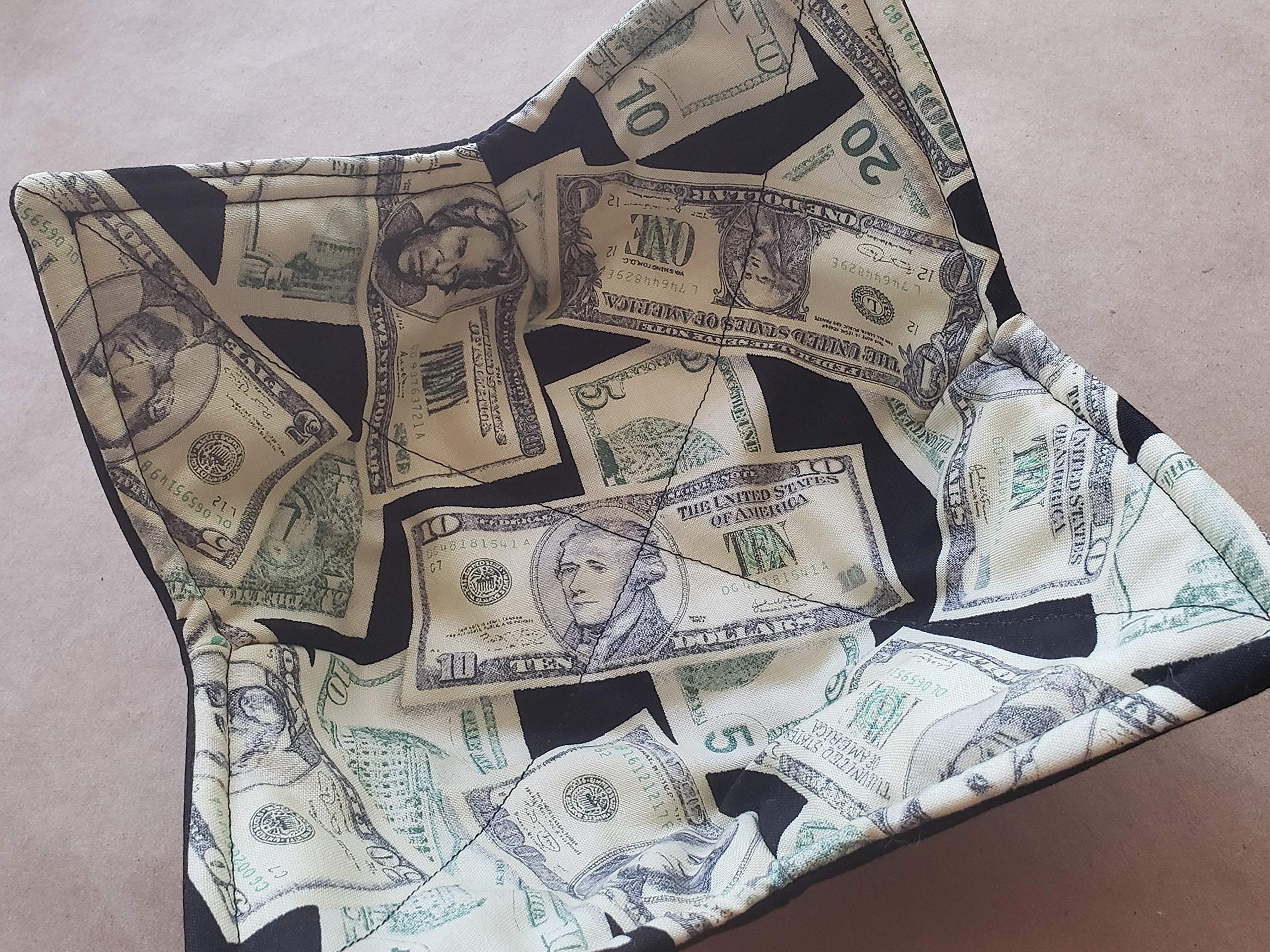 Money Microwave Bowl Cozy Cash Reversible Microwaveable Soup Potholder Bowl Buddy Dollar Bills Kitchen Linens Finance Econ Teacher Gifts Handmade Housewarming Hostess Gift Under 10
