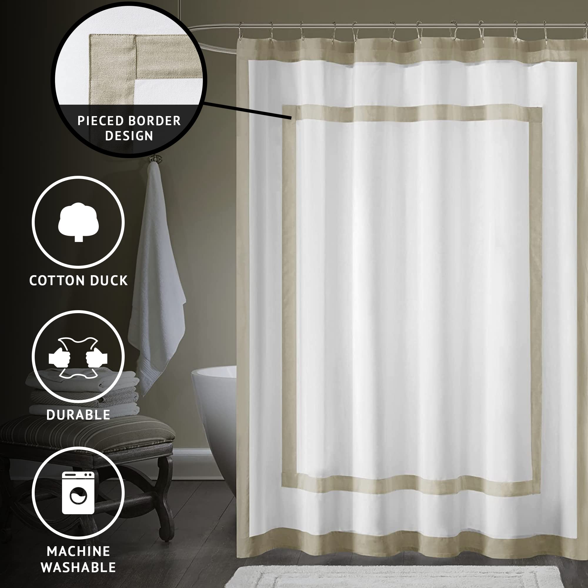 Madison Park Greyson Shower Curtain, Pieced Border Design, Modern Bathroom Décor, Machine Washable, Fabric Privacy Screen, 72x72, Taupe