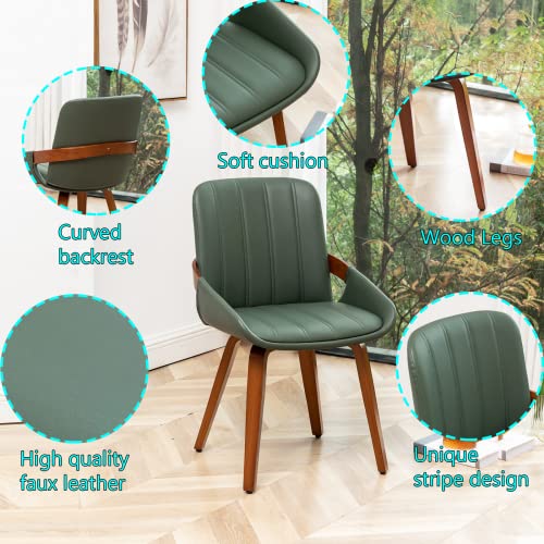 YOUUGIOR Mid Century Modern Faux Leather Upholstered Dining Chairs Set of 2,Armless Accent Chairs with Sturdy Natural Wood Legs,Bamboo Backrest Support for Kitchen&Dining Room Chairs(Green PU)