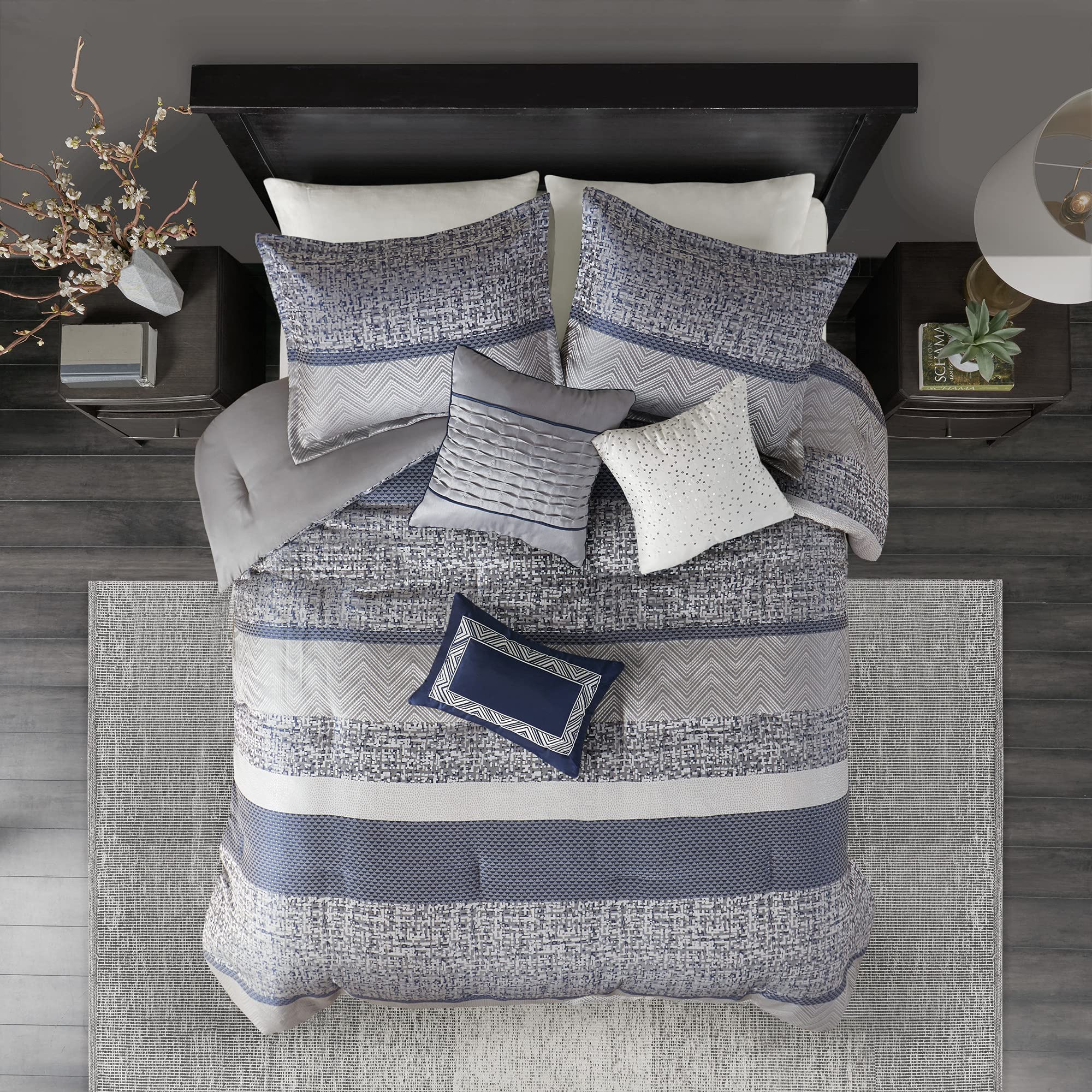 Madison Park Luxury Comforter Set-Traditional Jacquard Design All Season Down Alternative Bedding, Matching Bedskirt, Decorative Pillows, Queen(90"x90"), Rhapsody, Geometric Navy 7 Piece