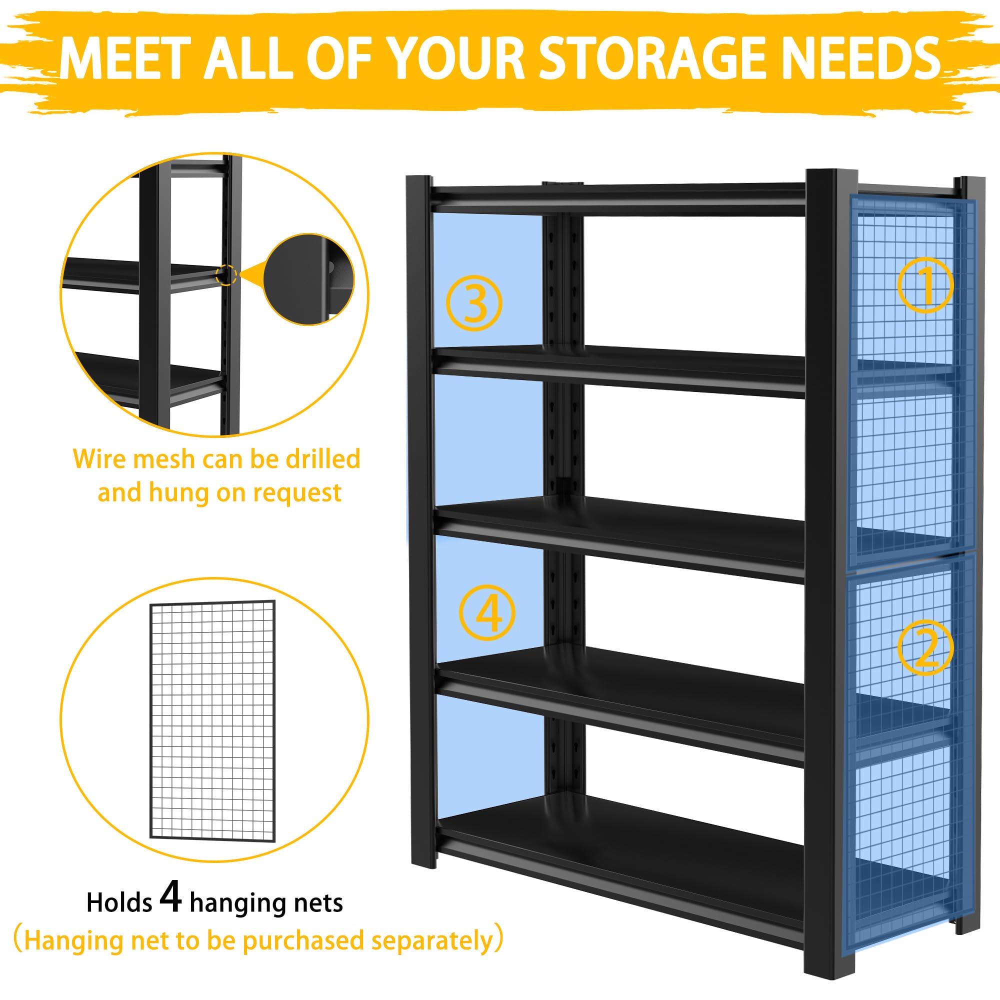 WOZBUD 3000LBS Garage Shelving Heavy Duty 48″W Metal Shelving for Garage,72″H Standing Shelf Units ,5 Adjustable Levels Garage Shelving Units and Storage,Storage Rack for Garage Organazation.1PCS…