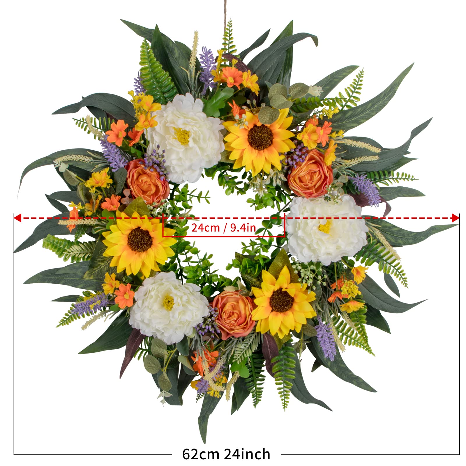 Kmise Spring Wreath Fall Decor Wreath for Front Door-24 Inch Summer Peony Eucalyptus Wreaths for Front Porch Farmhouse Home Decor