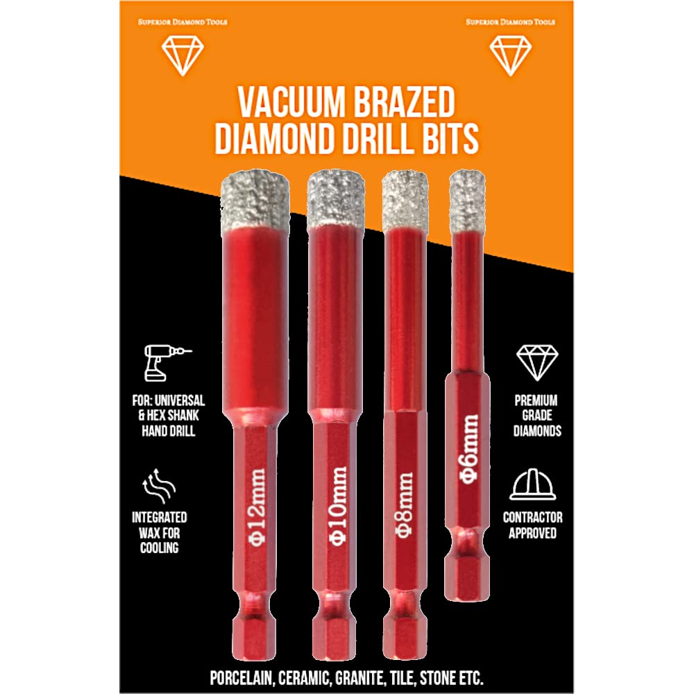 Superior Diamond Tools Dry Diamond Drill Bits - 4pcs - 1/4'' (6mm), 5/16'' (8mm), 3/8'' (10mm), 1/2'' (12mm) - Quick Change Hex Shank - Tile Drill Bits - Ceramic Drill Bit - Porcelain Drill Bits