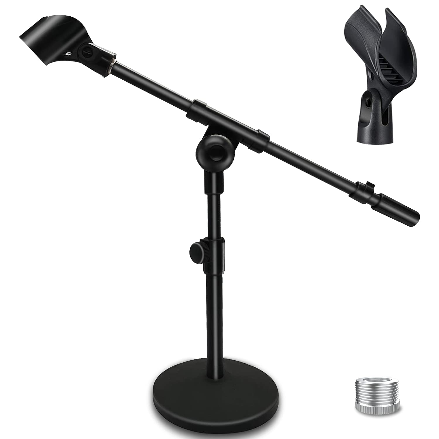 Mictop Adjustable Desktop Mic Stand, Desk Stand Tabletop Table Top Microphone Stand with Mic Clip for Handheld Microphone, Boom Arm, 5/8" Male to 3/8" Female Screw Adapter