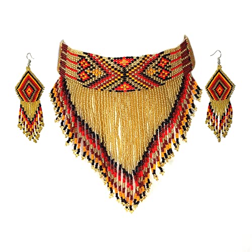 Native American Style Beaded Necklaceā Ukrainian beaded Necklace Native Handmade Seed Bead Necklace,Tribal ethnic beaded necklace (Golden)