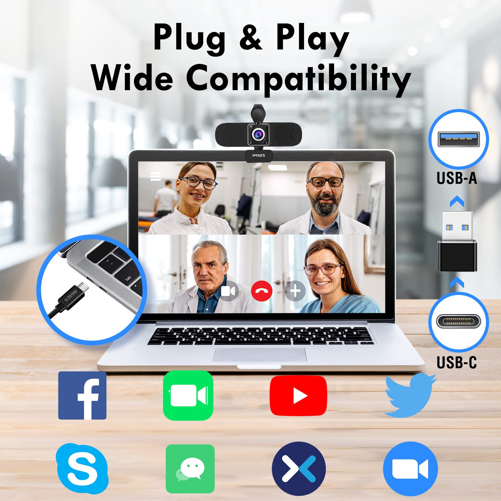 USB C Webcam, 2K Webcam with Microphone and Speaker, 3 in 1 Webcam with Auto Focus and White Balance, 90°Wide FoV, Laptop Camera with Privacy Cover, Plug & Play for Conference/Streaming/Video Calls