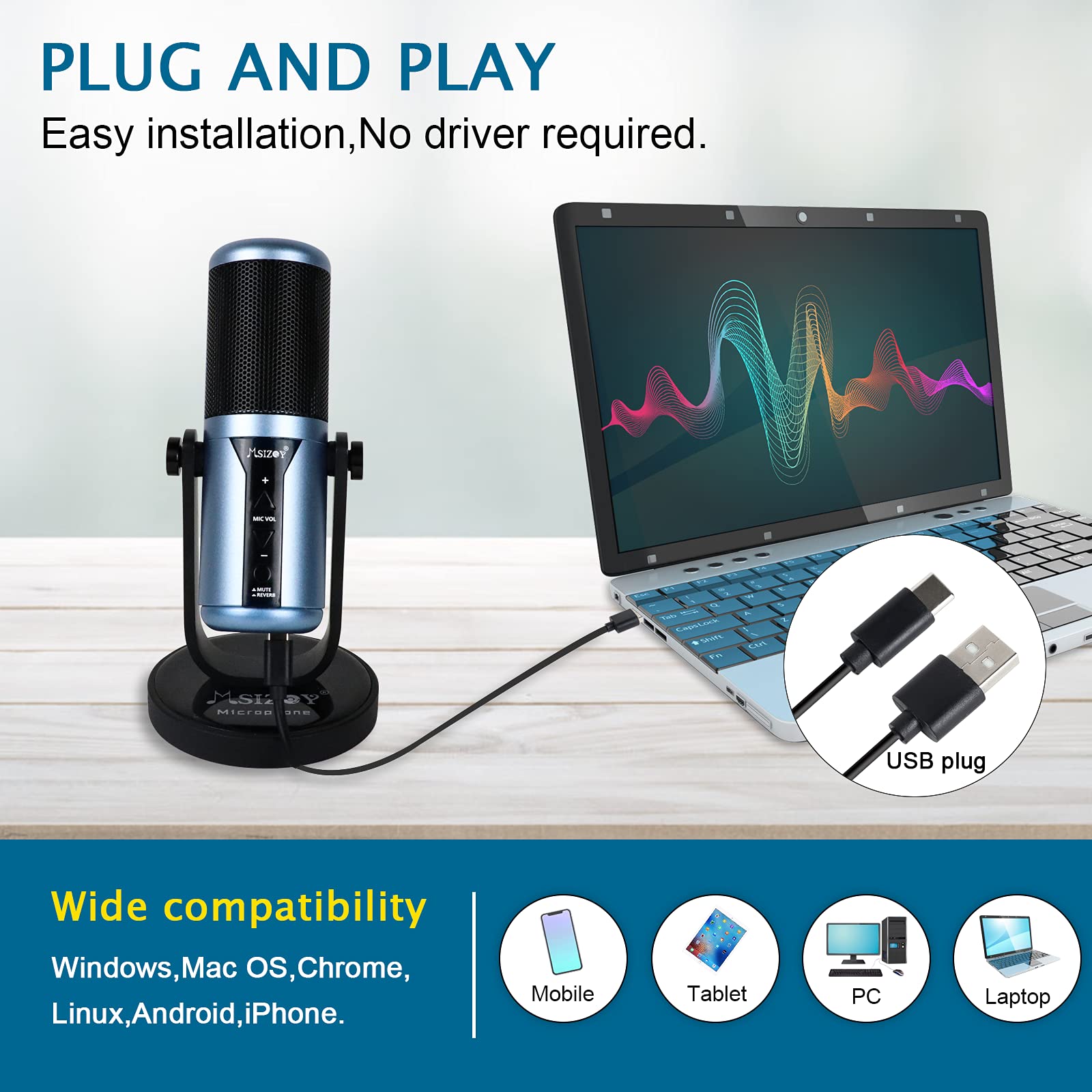 MSIZOY Professional USB Condenser Microphone, Plug and Play Cardioid Mic for PC,Laptop,Mobile Phone,Compatible with Windows,Mac OS,Chrome and Linux,Ideal for Podcast,Vocal,Singing,Recording,etc(Blue)