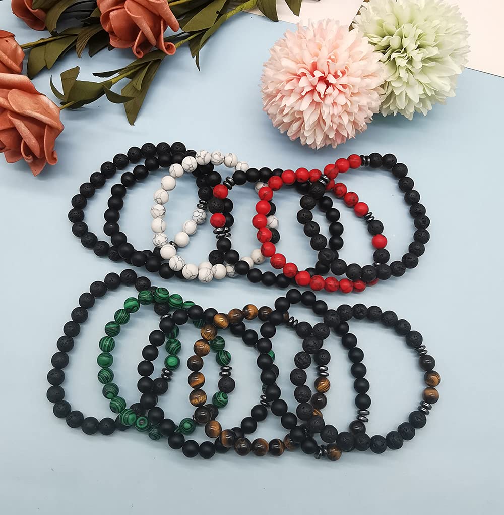 MOZAKA 12Pcs 8mm Natural Stone Lava Rock Beaded Bracelets for Men Women Tiger Eye Hematite Black Onyx Matte Beads Essential Oil Diffuser Lava Stone Bead Bracelets Bulk (12Pcs-B)