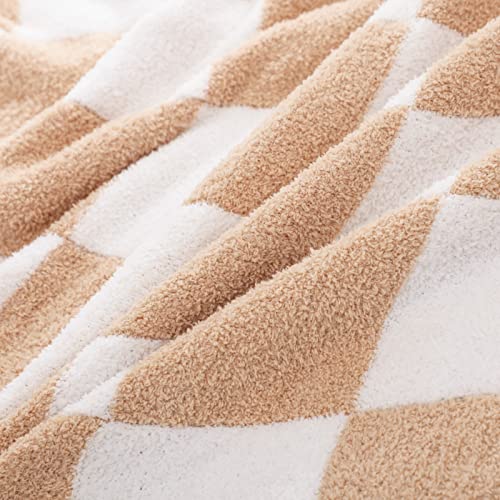 WESHIONGOO Brown Checkered Blanket Knit Throw Blanket with Checkerboard Reversible Chessboard Gingham Plush Cozy Warm Decor for Couch Bed Sofa(50"×60" inch)