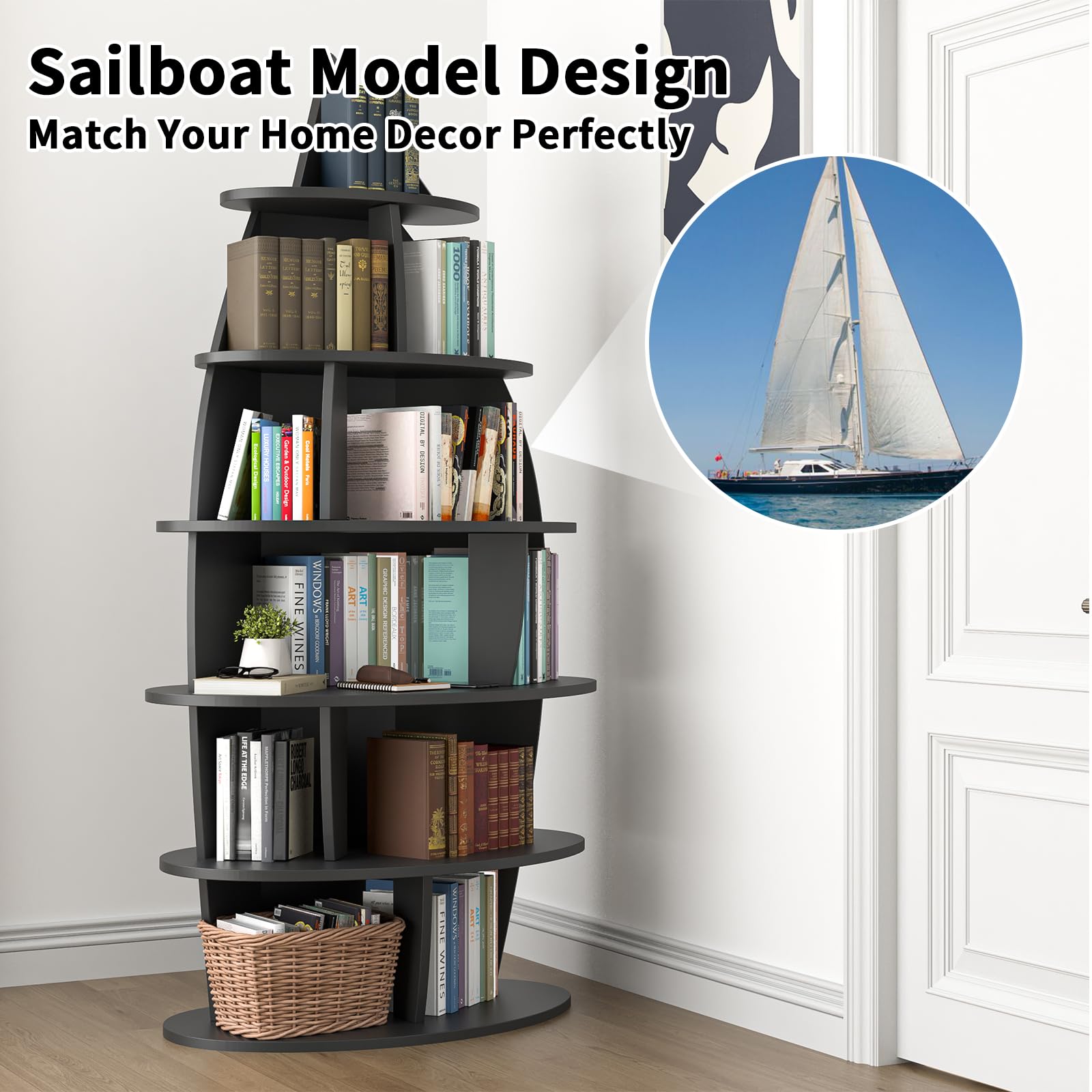 Yeyawomy 71" Tall 6 Tier Bookshelf Sailboat 360 Degree Display Floor Standing Bookcase Storage Rack for Kids&Adults Multi-Functional Bookshelf Organizer