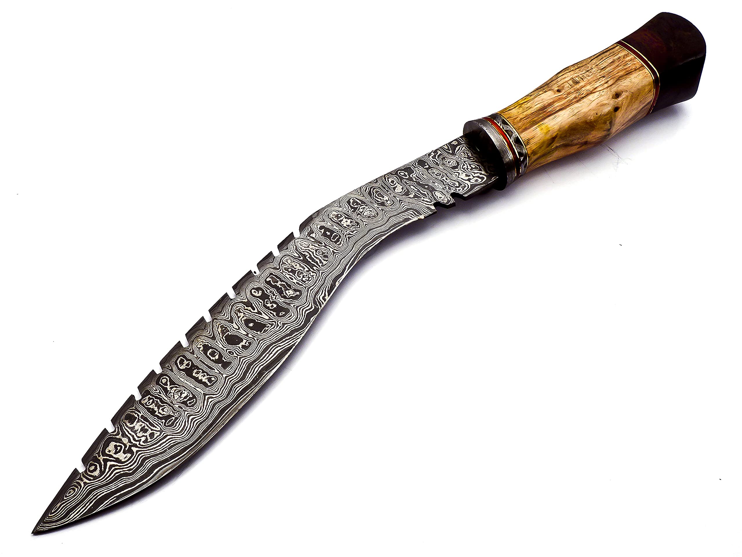 Mid American Cutlery Custom Hand Made Beautiful Damascus Hunting Knife Kukri Handle Olive Wood with Burl Wood