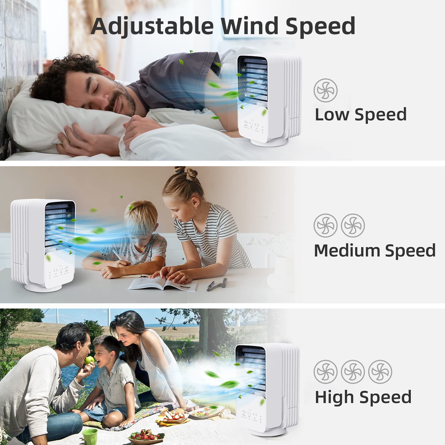 Portable Air Cooler, JREAWD 3 in 1 Mini Air Cooler with 120° Oscillation 3 Speeds USB Evaporative Air Cooler Fan with LED Light for Home Office Bedroom Kitchen Tent