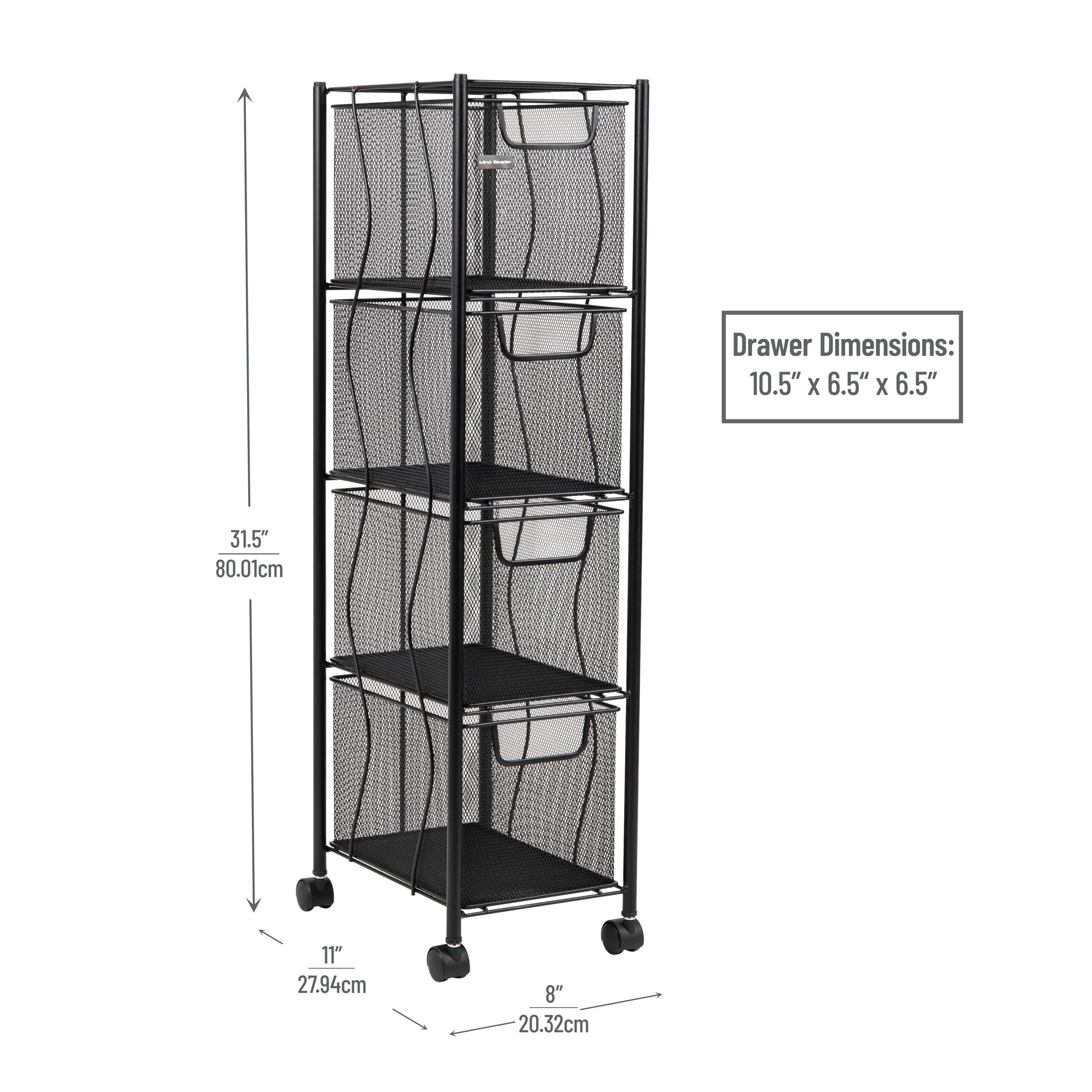Mind Reader Rolling Cabinet with Drawers, Desk Art Supply Organizer, Storage, Kitchen, Metal Mesh, 8"L x 11"W x 31.5"H, Black
