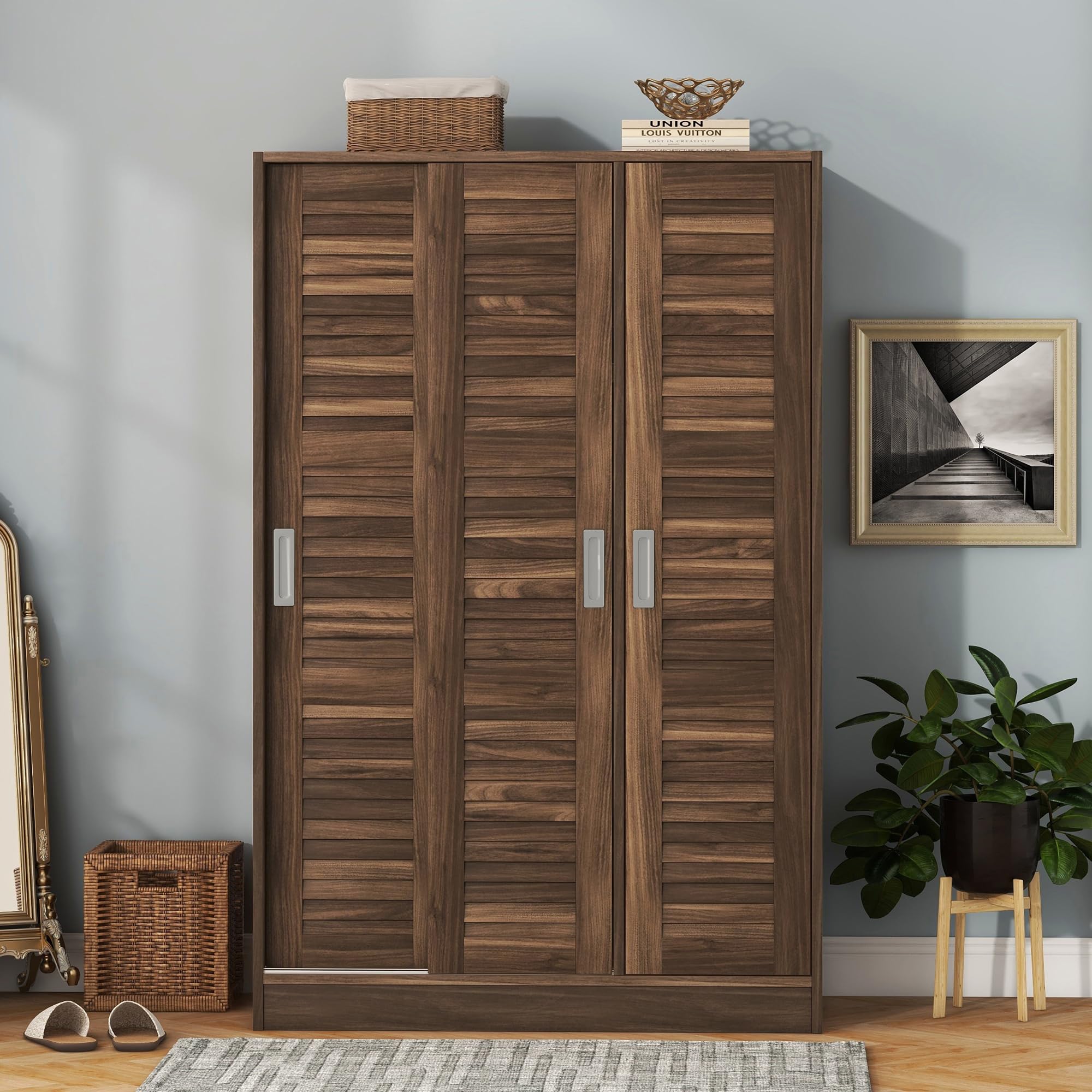 Lifeand Modern 3-Door Shutter Wardrobe with Shelves and Hanging Area, Spacious and Organized Closet Bedroom Armoires, Walnut
