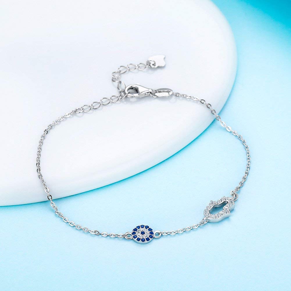 Kaletine Hamsa Hand of Fatima Evil Eye Bracelet Sterling Silver 925 Blue Cubic Zirconia Chain 6.5"+1.5"(Rhodium)