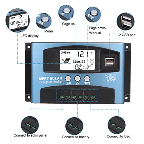 Solar Charge Controller, MPPT Solar Charge Controller 12v/24v Current Auto Focus MPPT Tracking Charge with LCD Display Dual USB Solar Regulator Charge Controller Multiple Load Control Modes (100A)