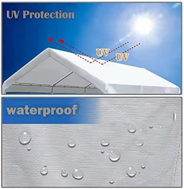 TGEHAP 10'x20' Carport Replacement Top Canopy Cover White for Car Garage Top Tarp Shelter Waterproof & UV Protected w/Ball Bungees (Only Top Cover, Frame is not Included)